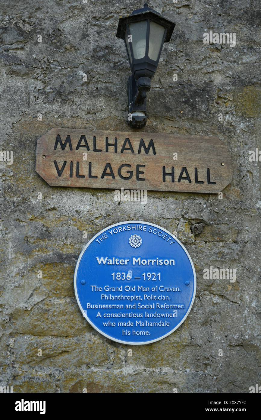 Blue Plaque in memory of Walter Morrison on Malham Village Hall Stock ...