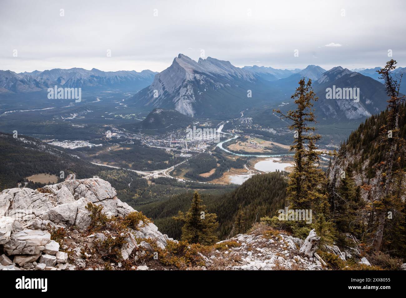Mountain valley view with a town below and rugged peaks surrounding ...