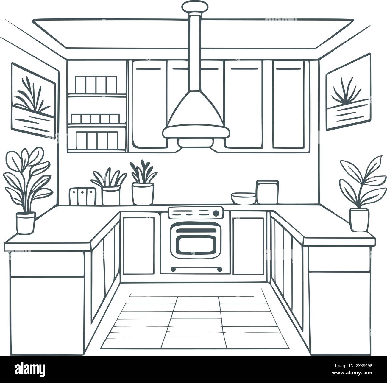 Abstract home kitchen interior simple hand drawn illustration. Kitchen ...