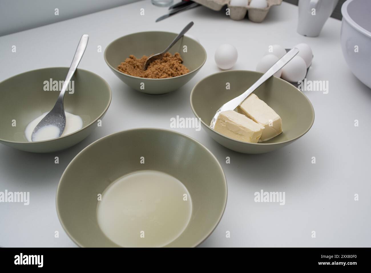 Ingredients to make bakery at home on white background table Stock ...