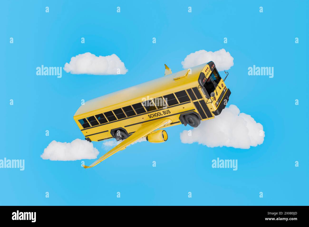 Yellow school bus flying on blue sky with airplane wings, symbolizing ...