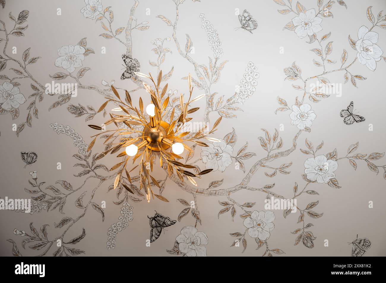 Ceiling with romantic wallpaper and contemporary gold light fixture ...