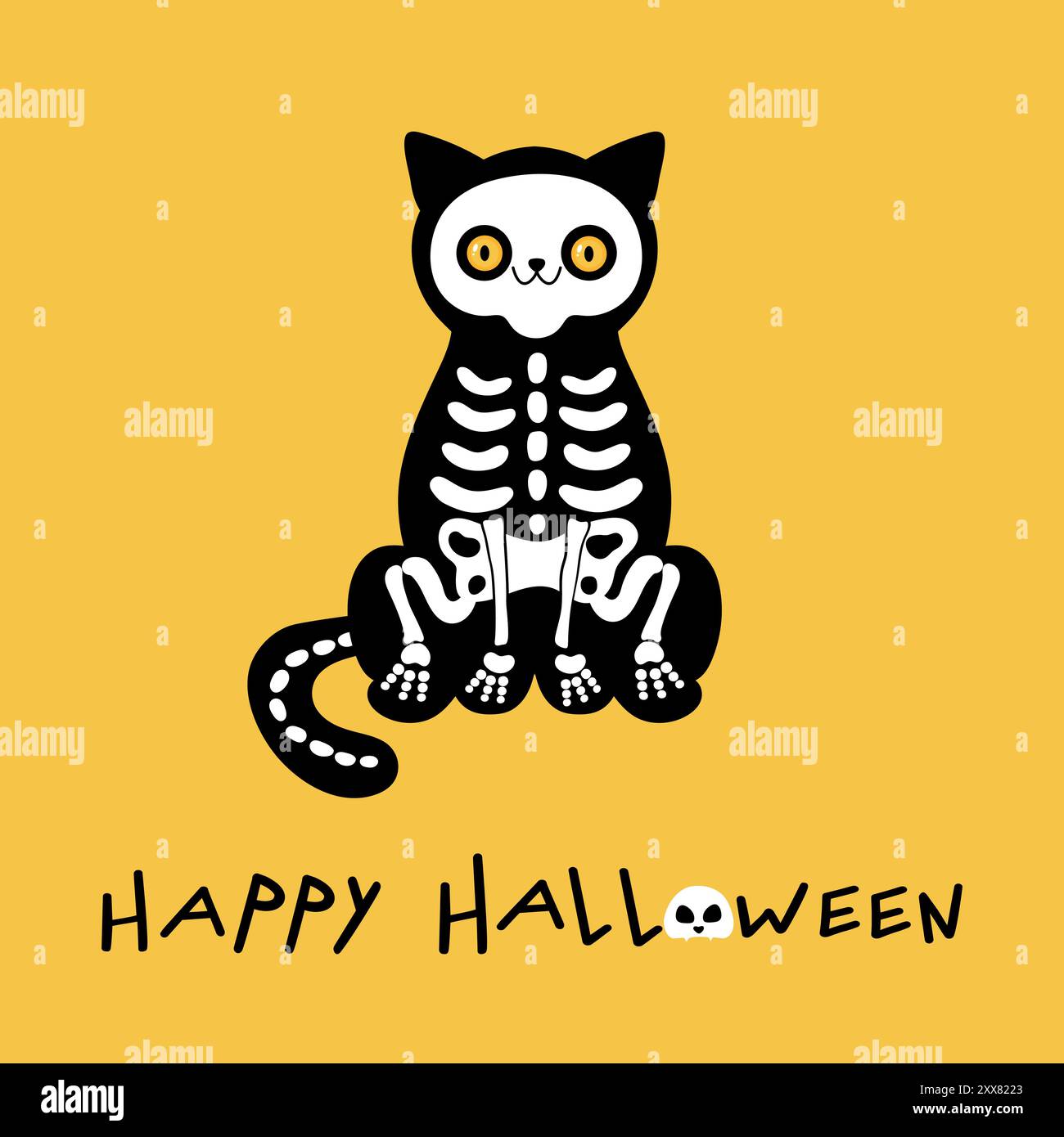 Halloween greeting card with cute skeleton black cat. Cartoon cat ...