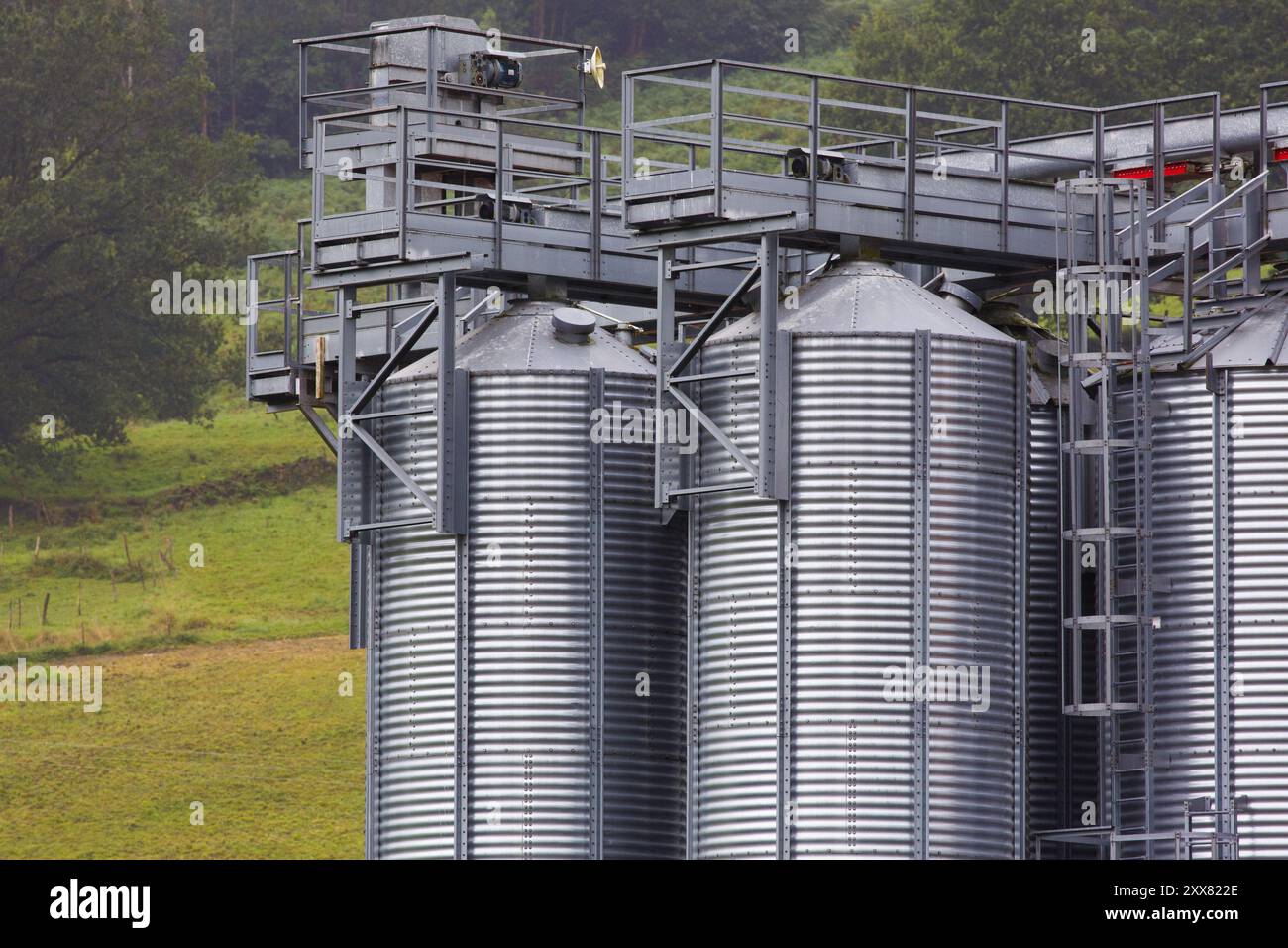 Closed view of three metal industrial silos in Stock Photo - Alamy