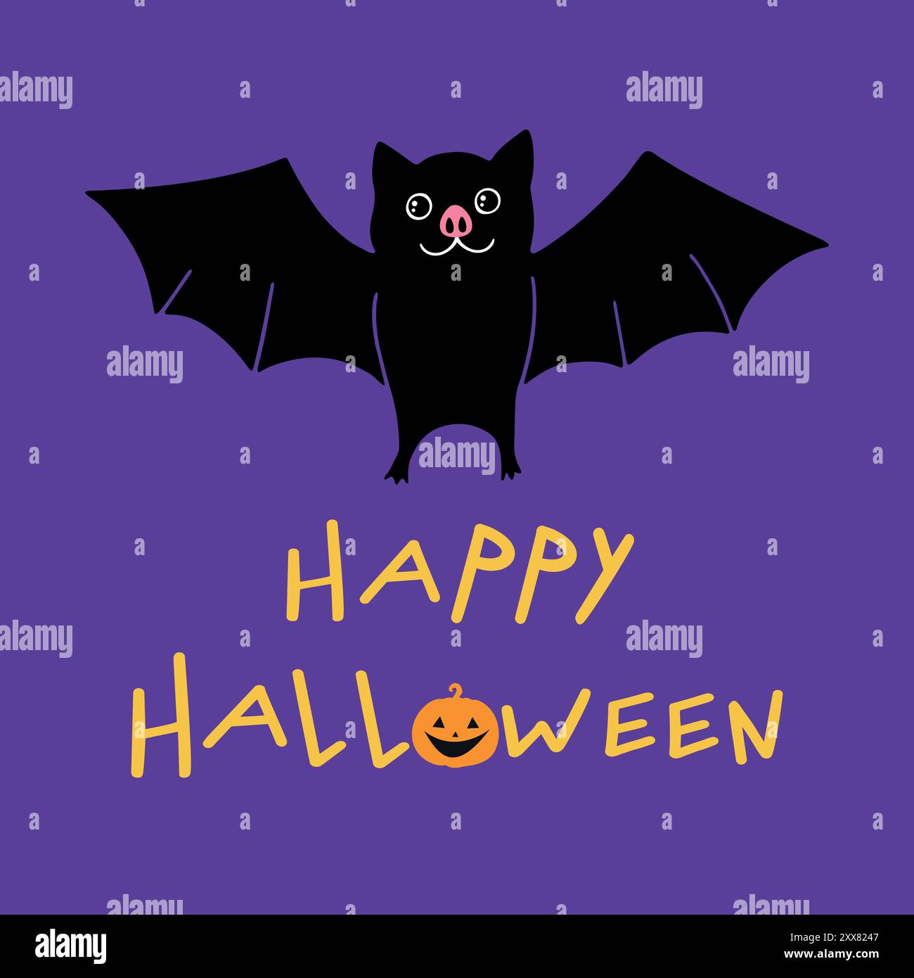 Halloween greeting card with cute cartoon bat. Vector illustration ...