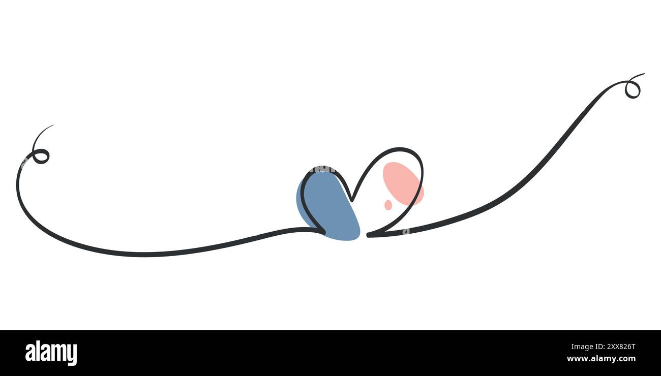 Continuous one line drawing heart decorated with color shapes. Doodle ...