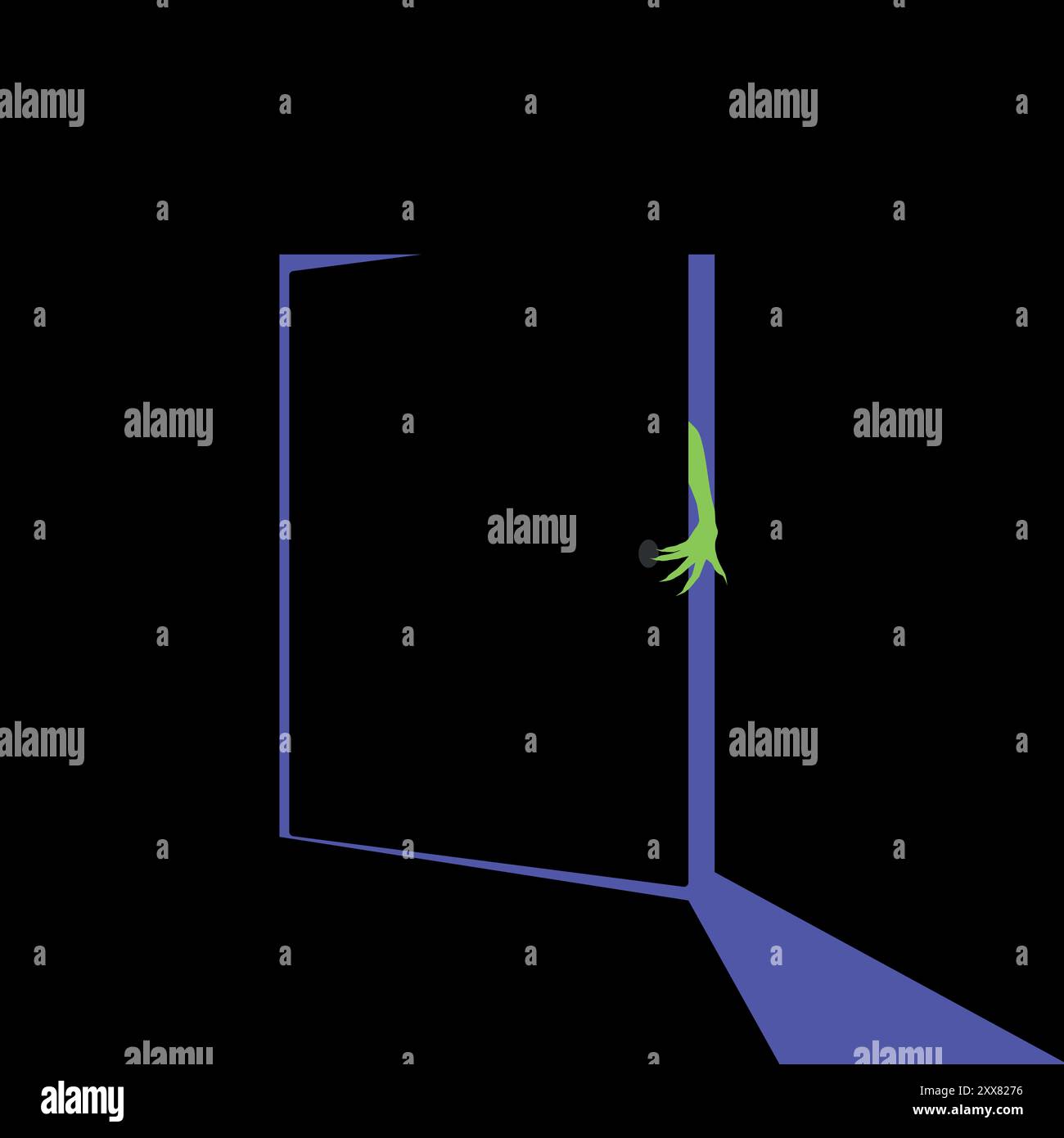 Open door with a scary monster hand sticking out of it. Vector ...