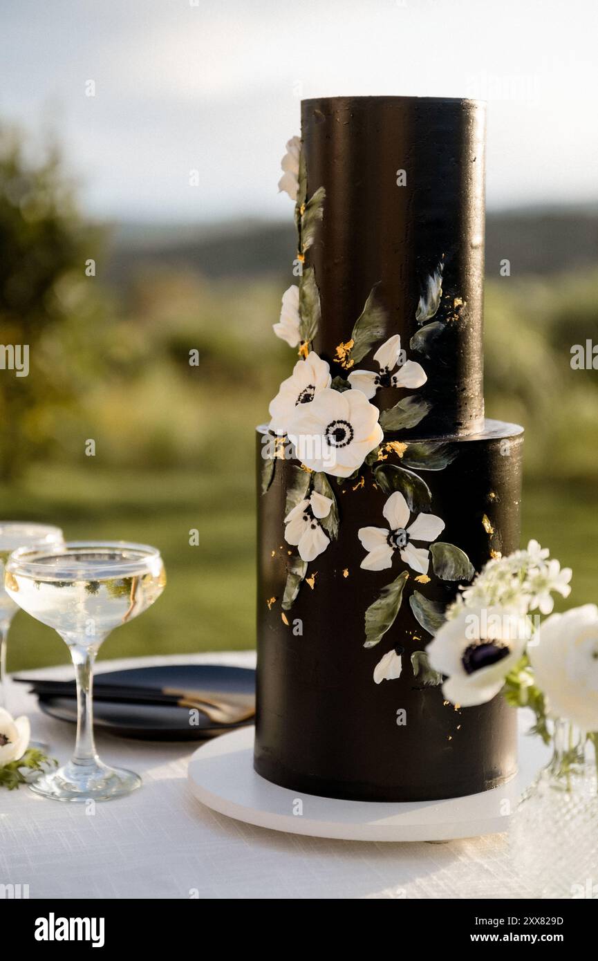 Dramatic Black modern wedding cake decorated with white flowers Stock ...