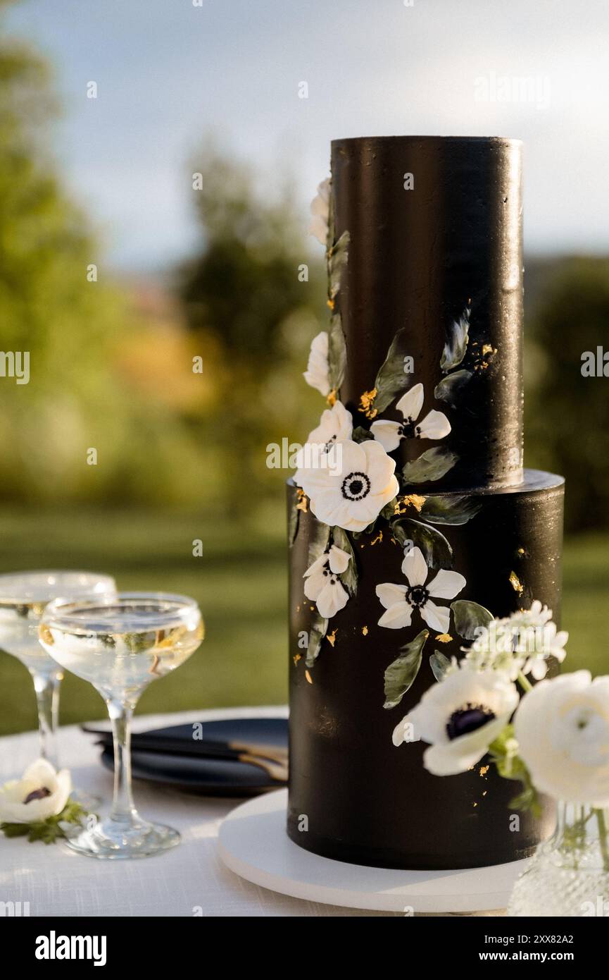 Chic modern Black wedding cake decorated with white anemone flowers ...