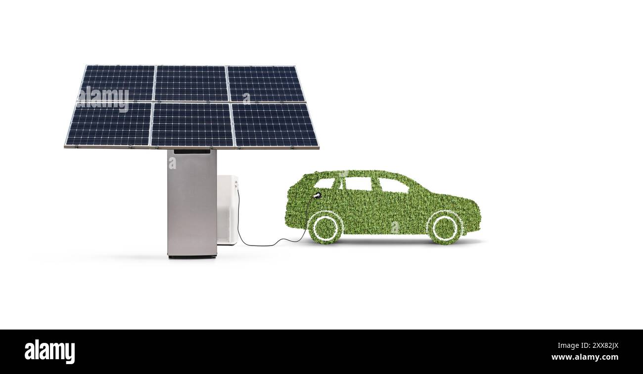 Green electric car at a charging station, solar panel and sustainable ...