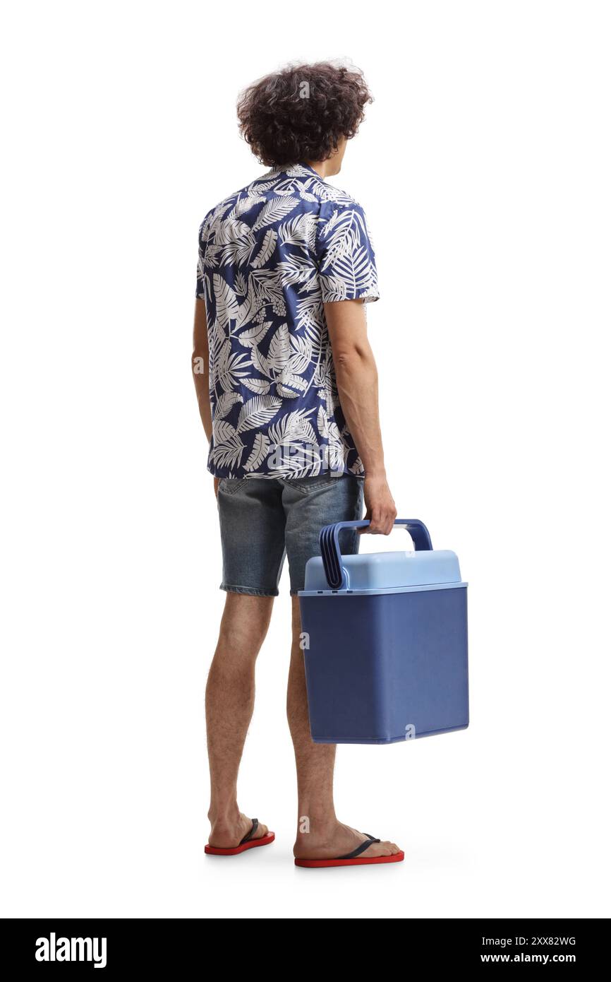 Rear view show of a guy holding a portable mini fridge isolated on ...