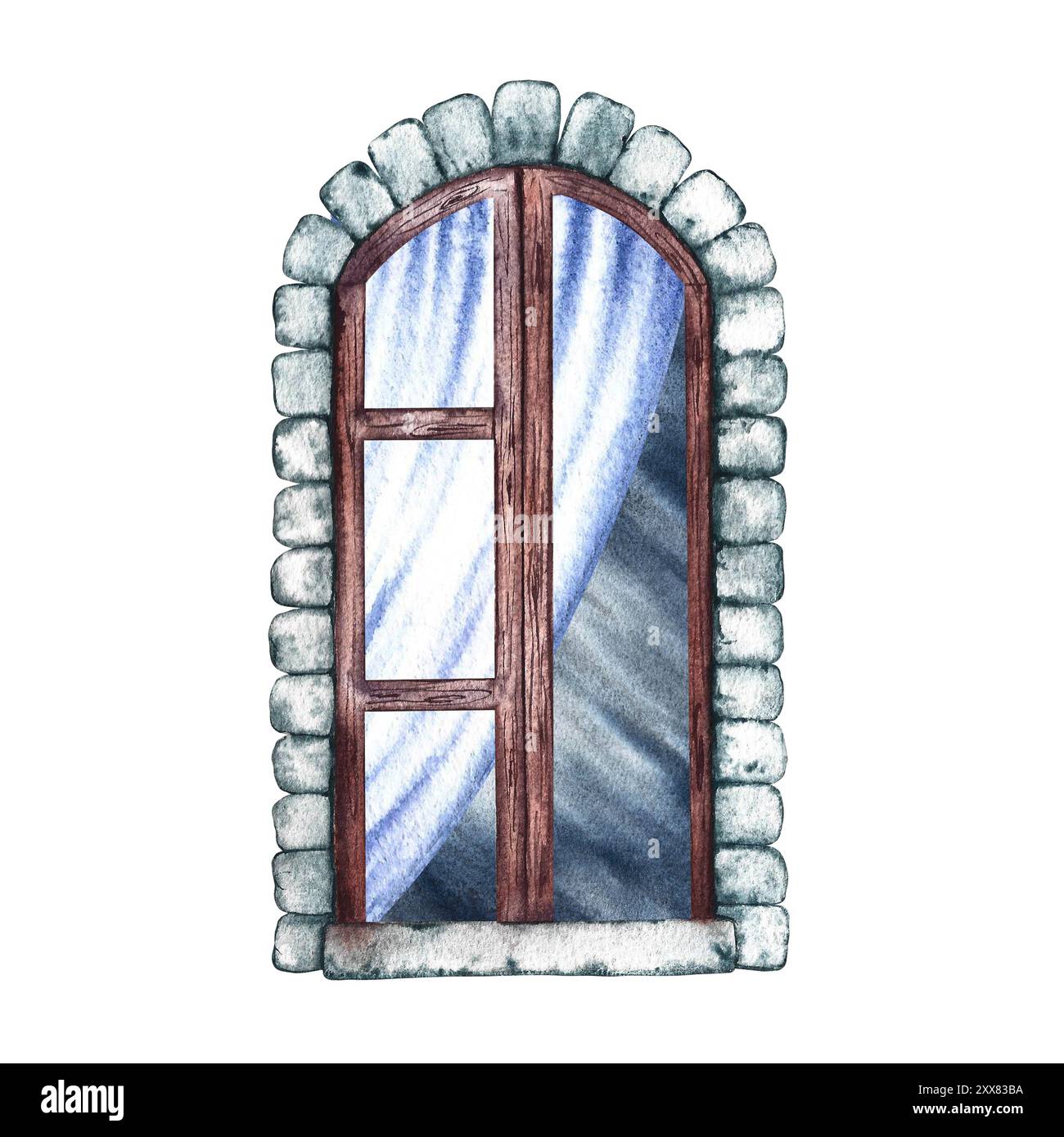 Vintage window. An arched window framed with brick, with curtains. A ...