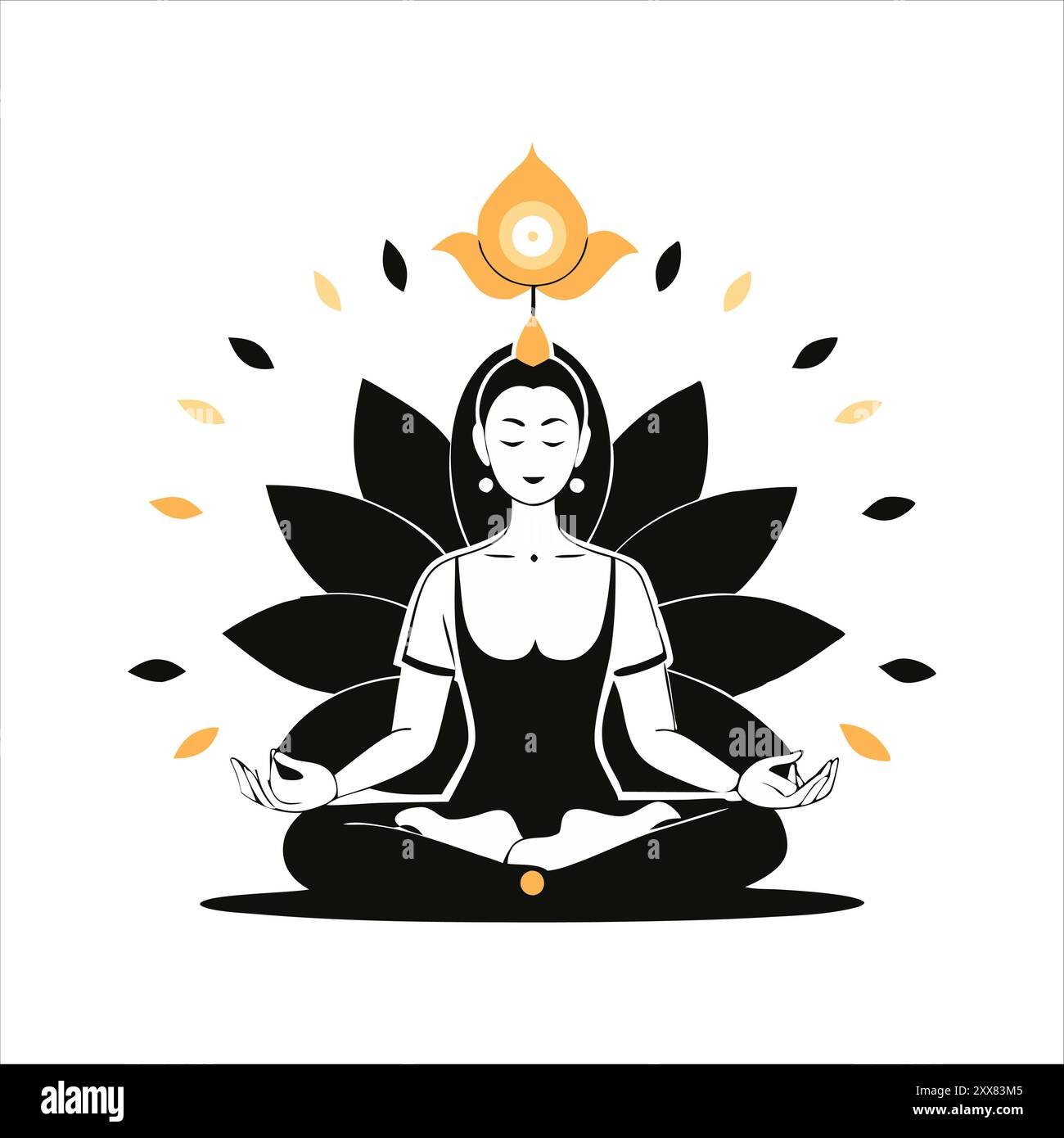 A serene vector illustration of Buddha meditating, surrounded by lotus flowers and spiritual ...