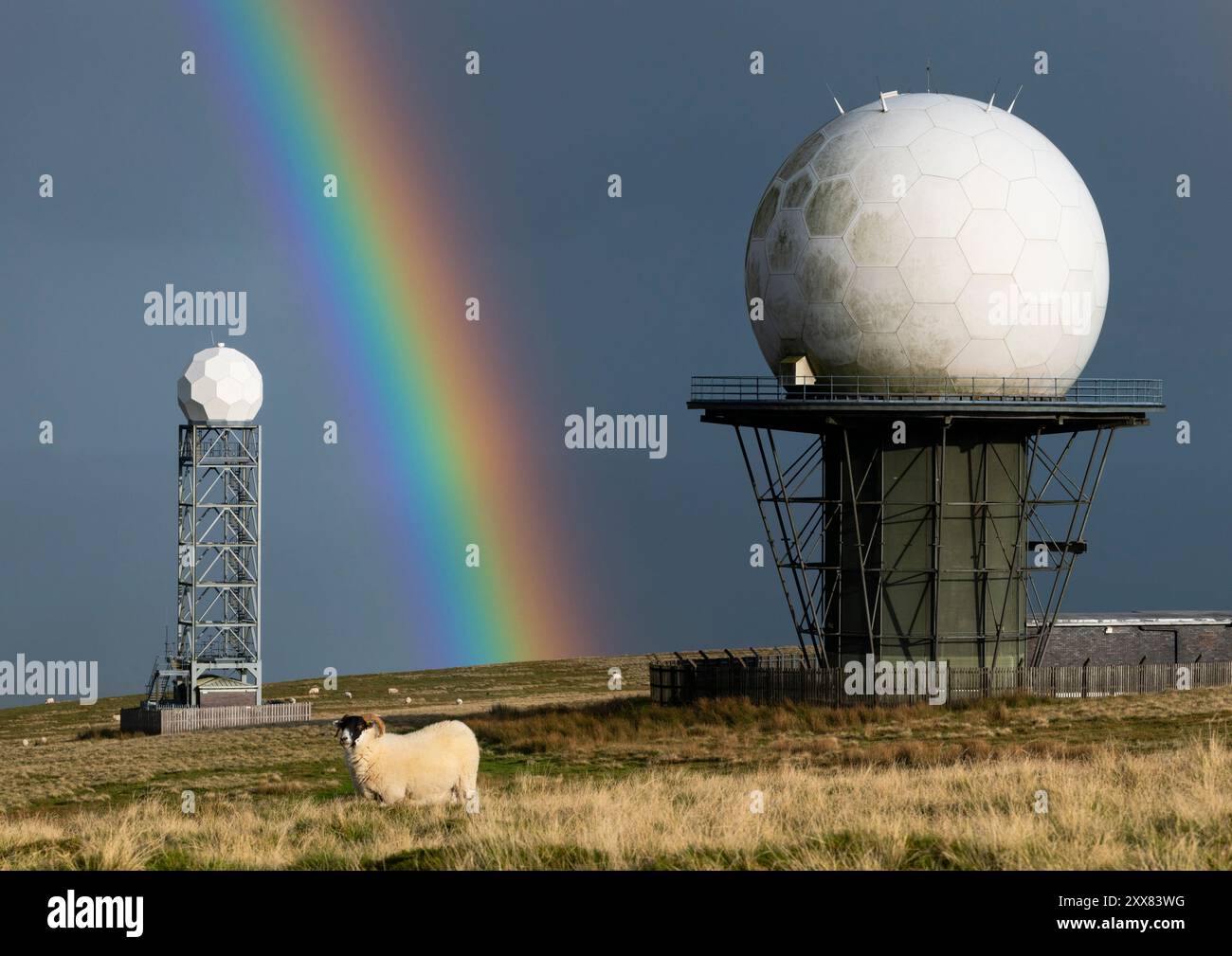Rainbow and radar domes on Titterstone Clee Hill, Shropshire Stock ...
