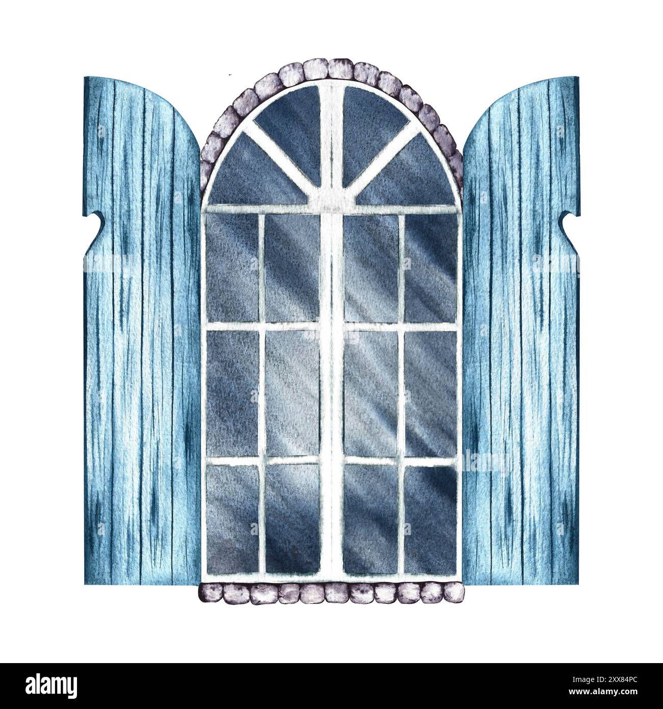 Vintage window. An arched window framed in brick, with blue shutters ...