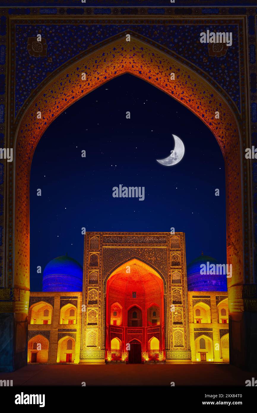 Islamic city with madrasah against sky with crescent moon and stars ...