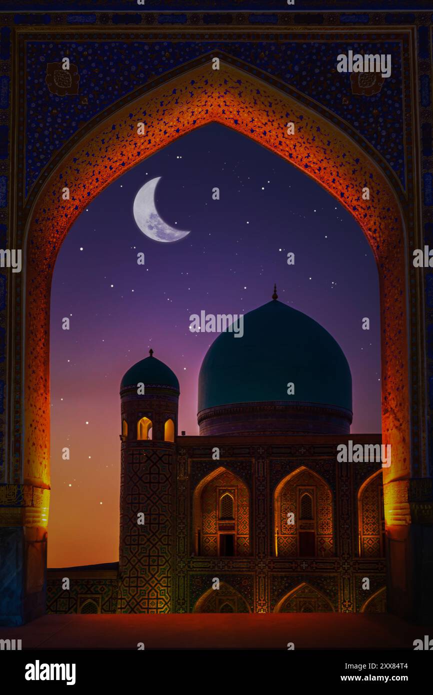 Islamic city with madrasah against sky with crescent moon and stars ...