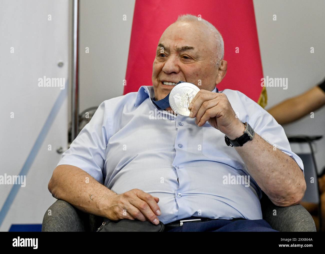 ZAPORIZHZHIA, UKRAINE - AUGUST 21, 2024 - Yevhen Chertkov, a coach of ...