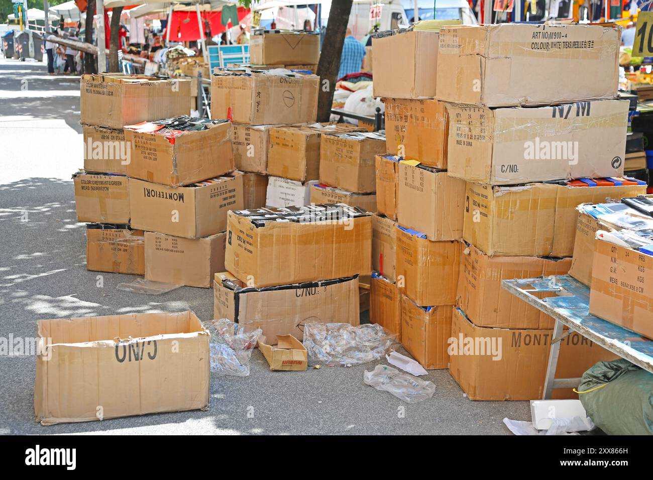 Rome, Italy - June 29, 2014: Large Stack of Cardboard Boxes at Porta ...