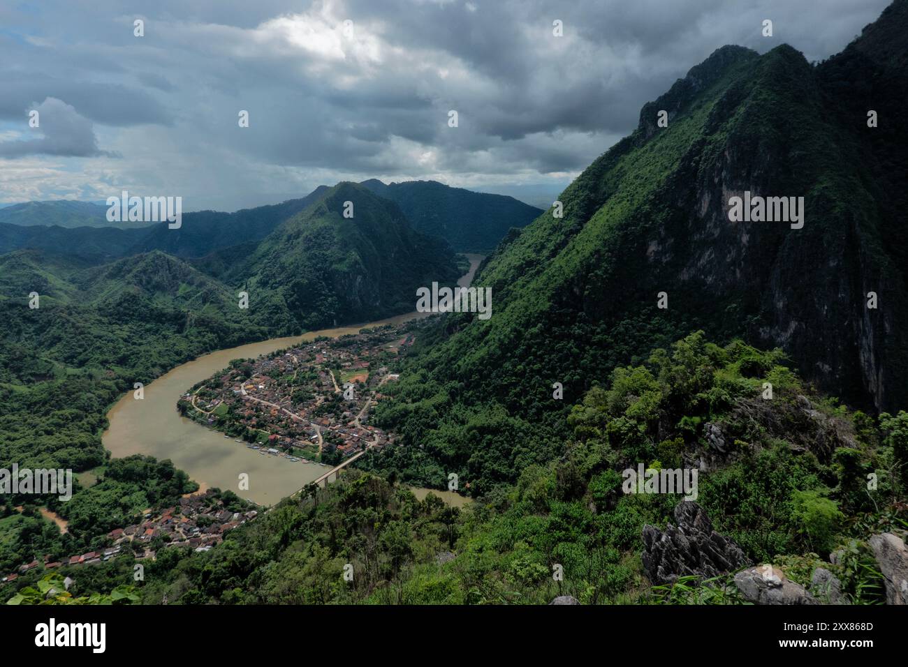 View of Nong Khiaw and the Nam Ou River from Pha Daeng Peak, Nong Khiaw ...