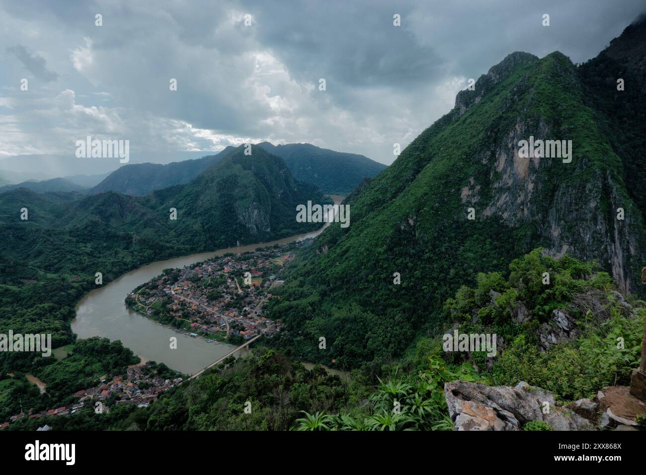 View of Nong Khiaw and the Nam Ou River from Pha Daeng Peak, Nong Khiaw ...