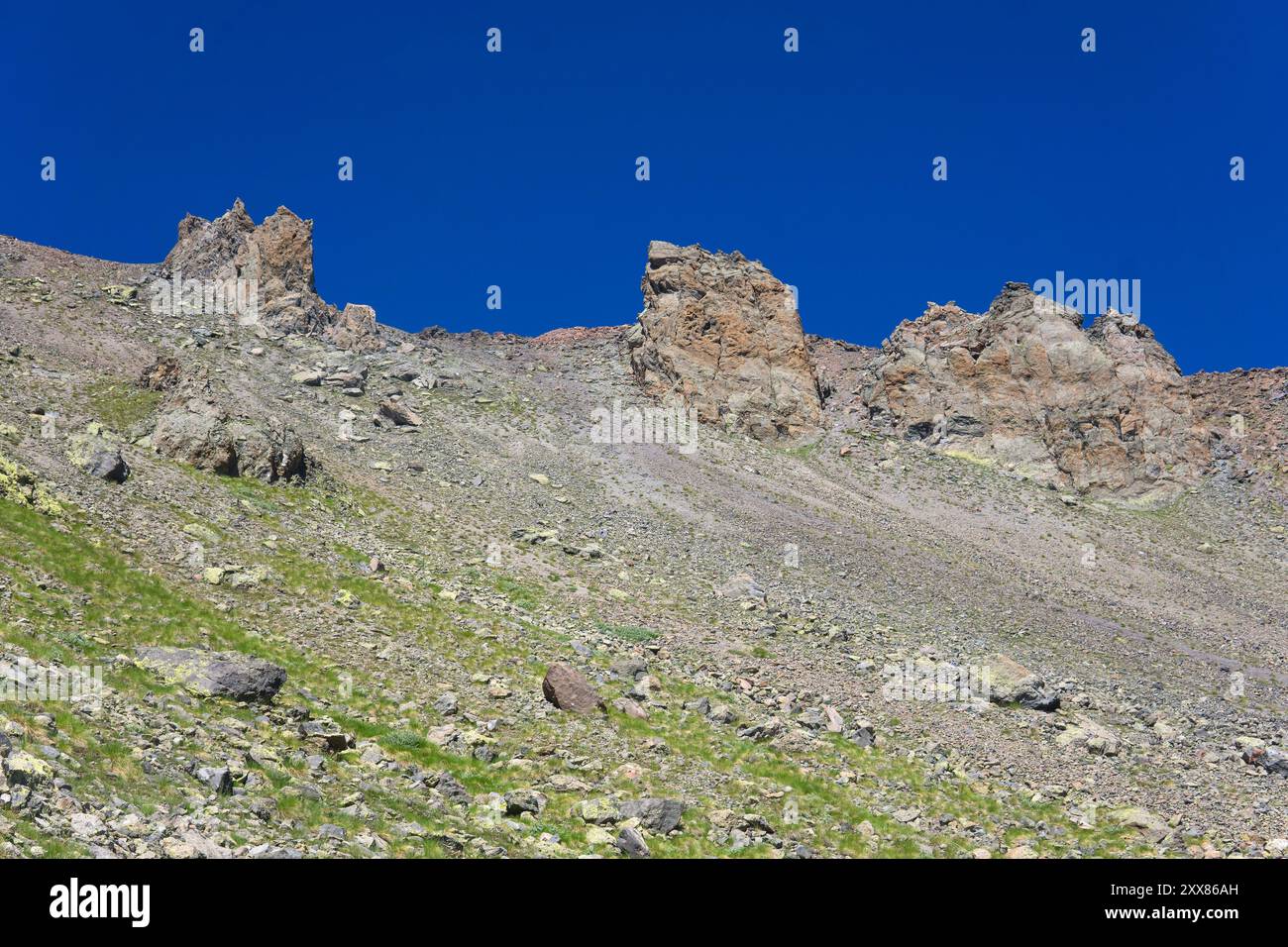 mountain landscape, rocky slope scree with towering cliffs dykes Stock ...