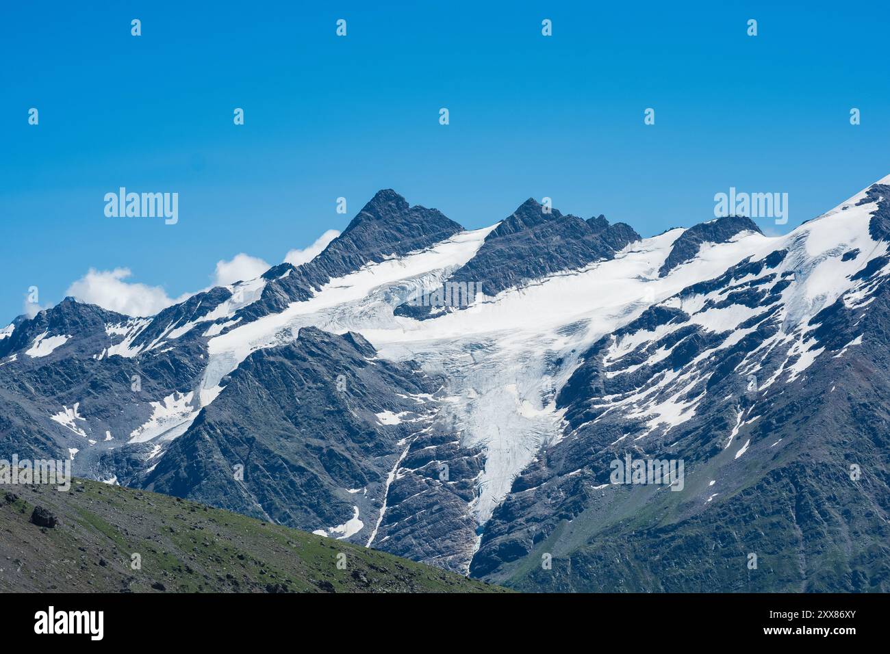 mountain landscape, view of sharp rock peaks with snowfields and ...