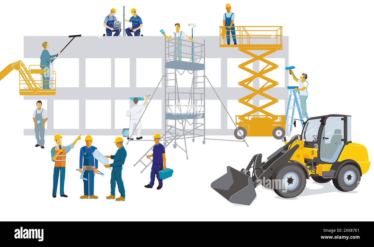 Construction site with construction workers and mechanics, illustration ...