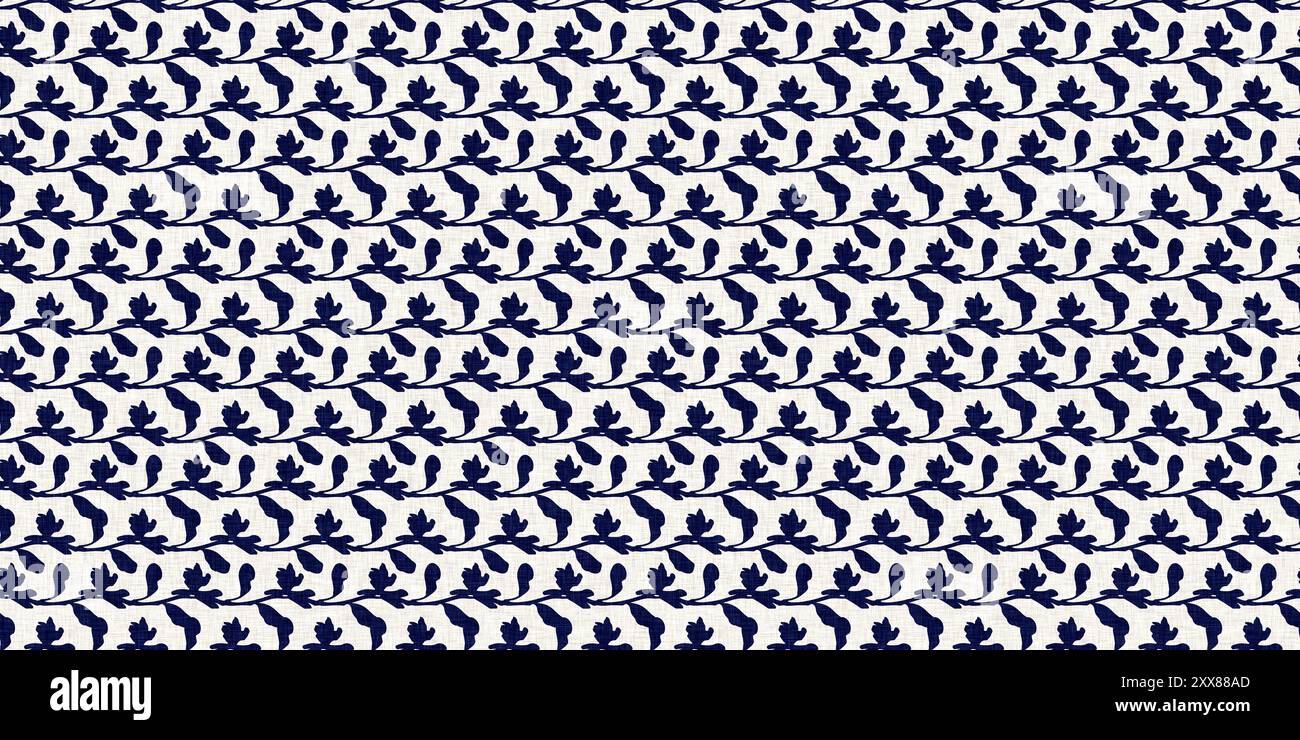 Indigo denim blue leaf motif seamless border. Japanese dye batik fabric ...
