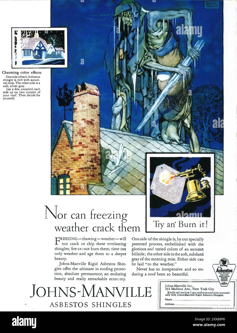 1929 Johns Manville Asbestos Shingles Ad - with Lawson Art Stock Photo ...