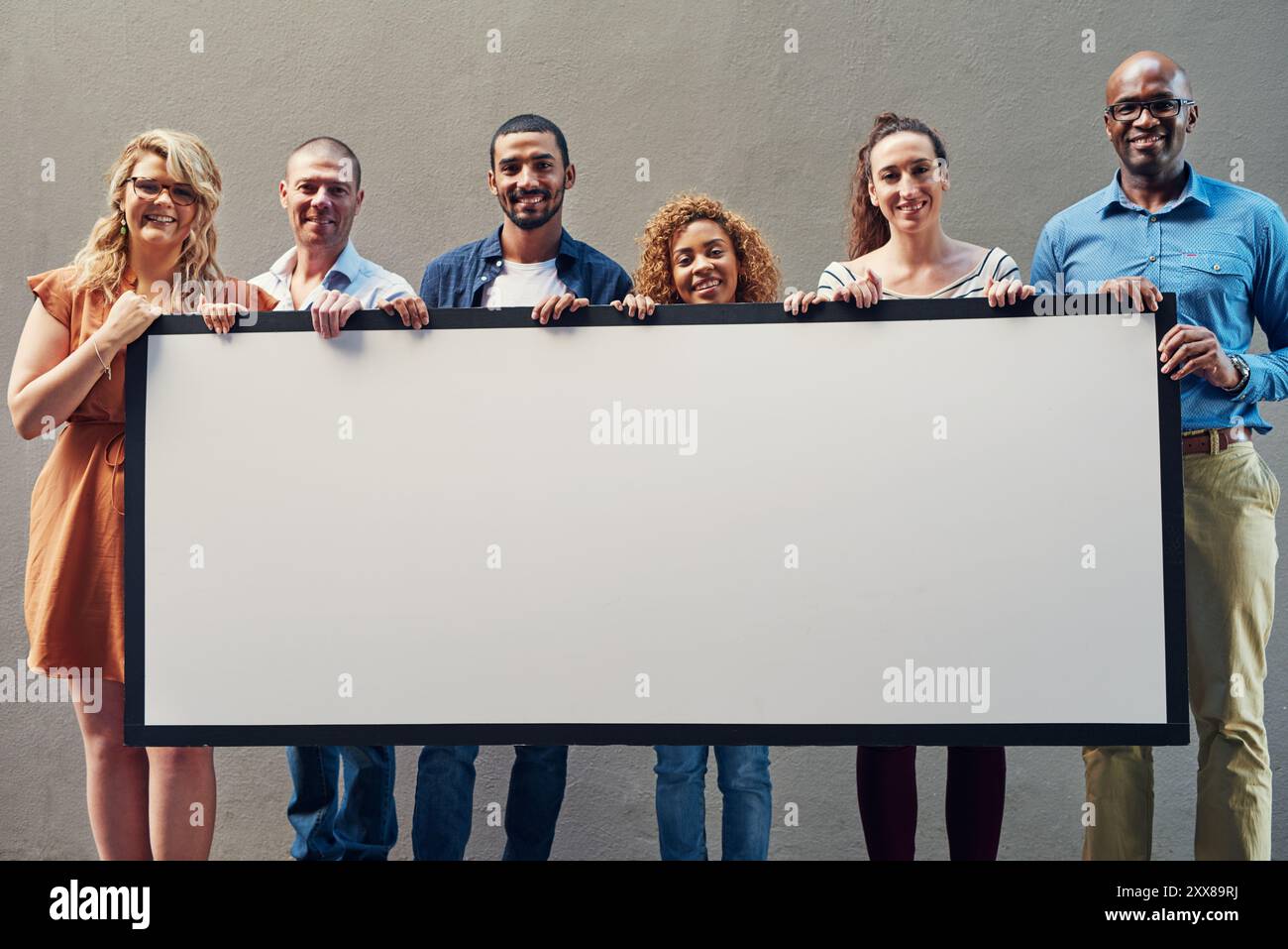 Happy business people, portrait and advertising with billboard for ...