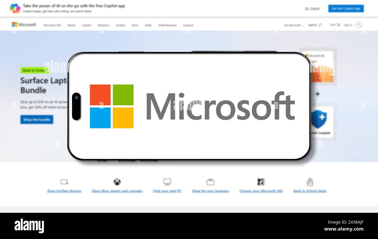 Istanbul, Turkey - 20 Aug 2024: Microsoft logo on a smartphone screen with its website in ...