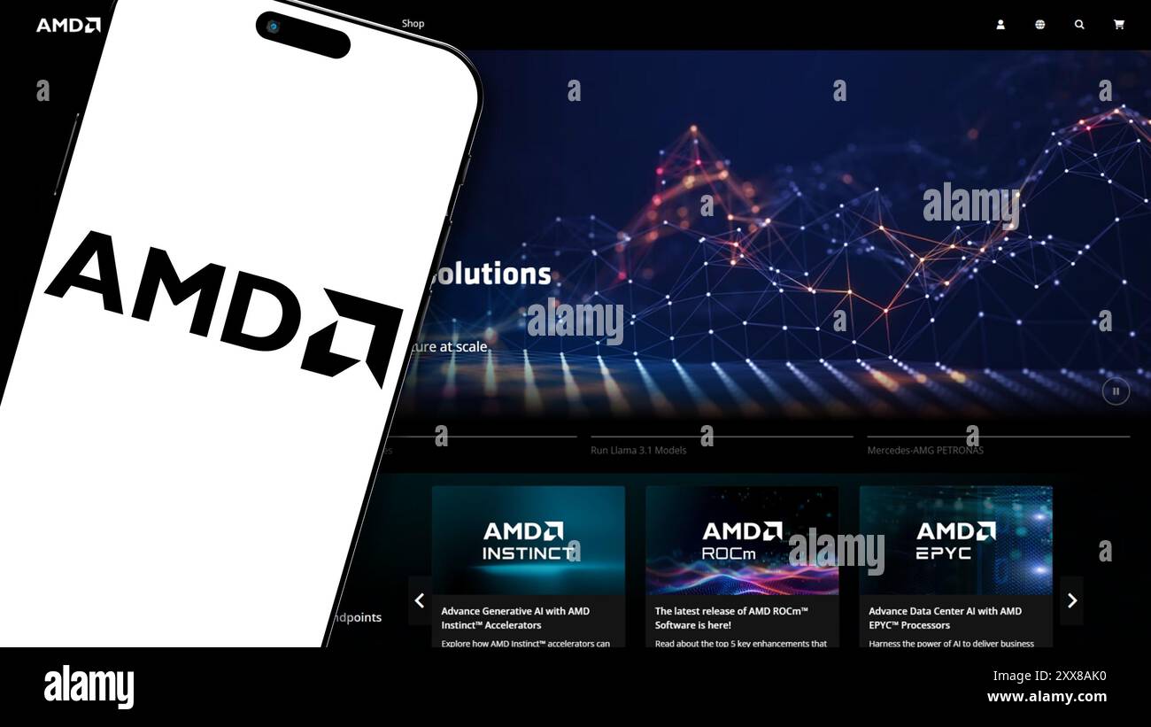 Istanbul, Turkey - 20 Aug 2024: AMD logo on a smartphone screen with ...