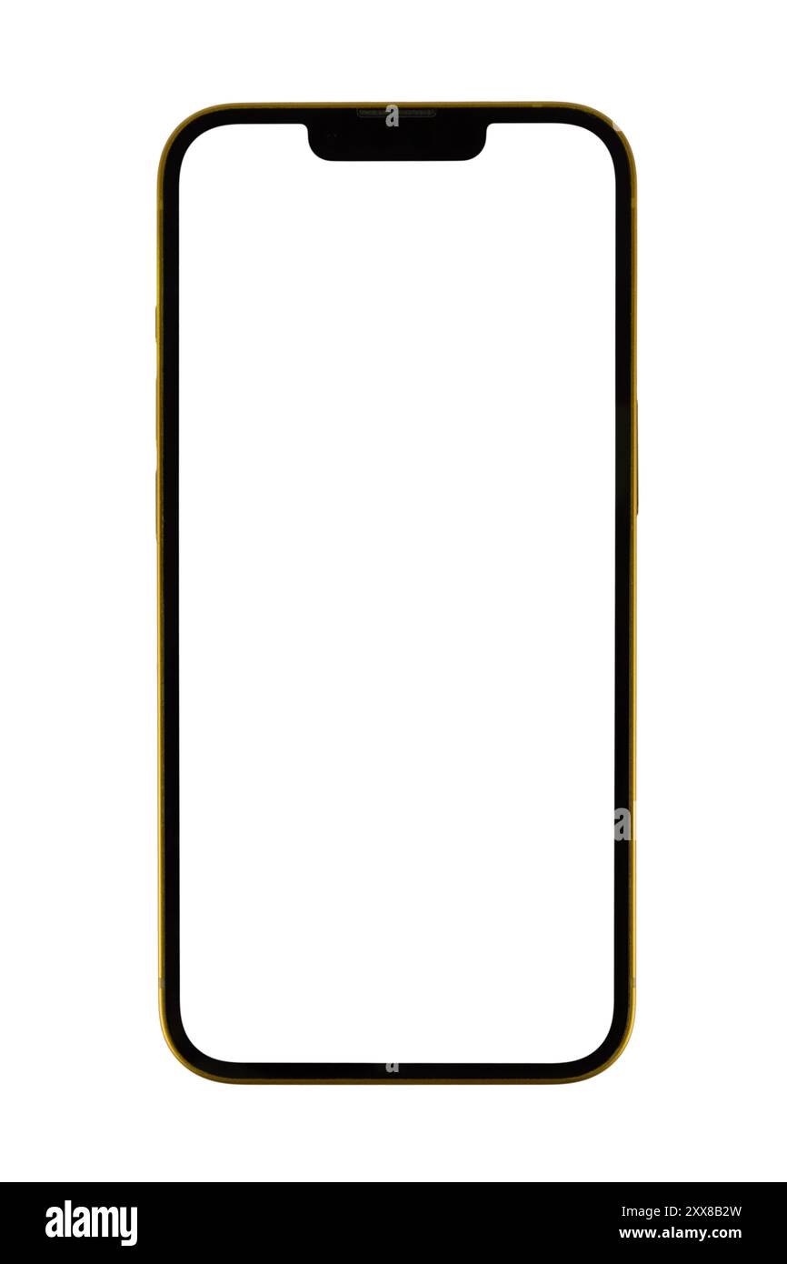 Yellow smartphone mockup blank screen border white background Stock ...