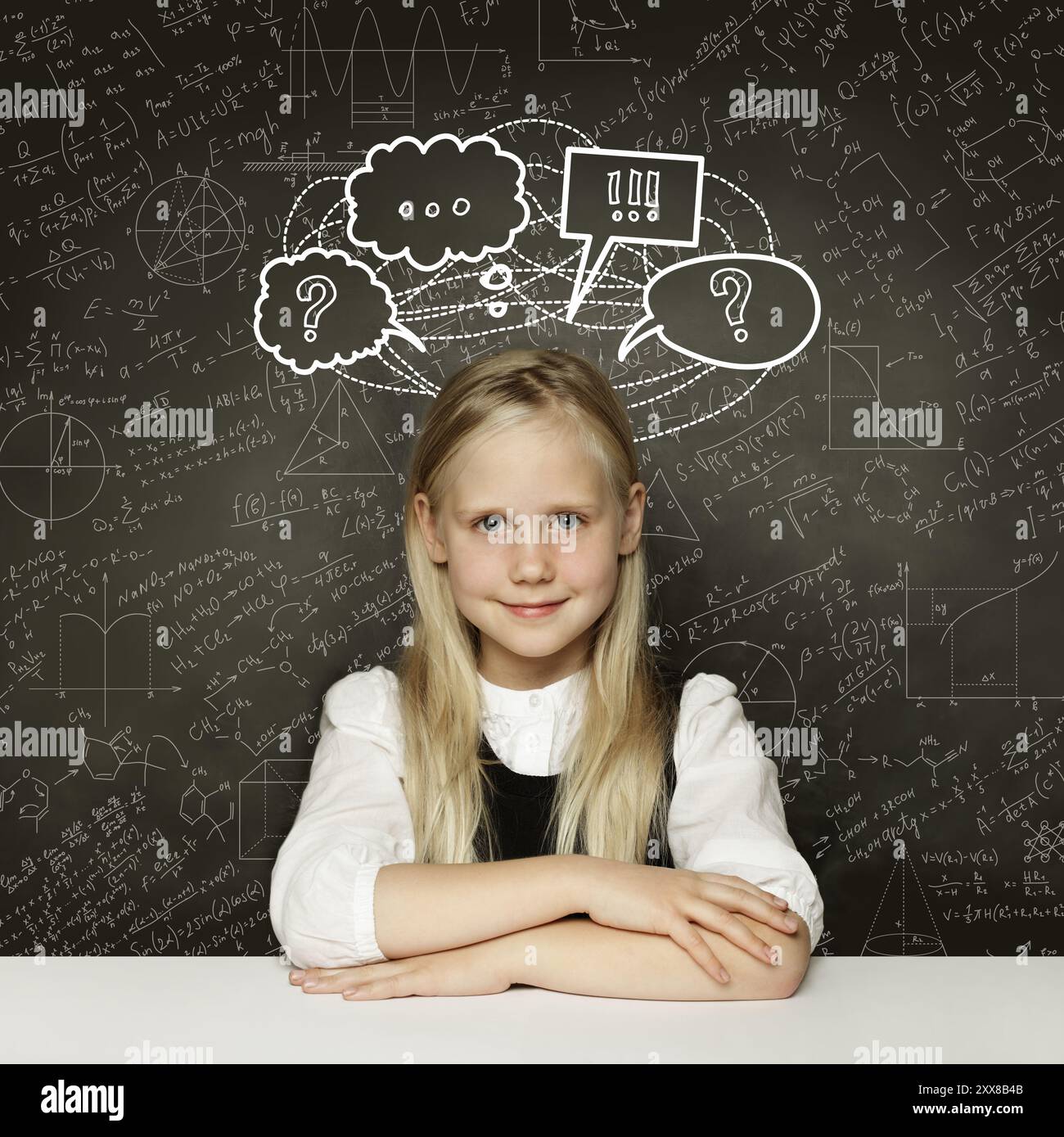 Happy child girl and thought cloud bubble with question mark above head ...