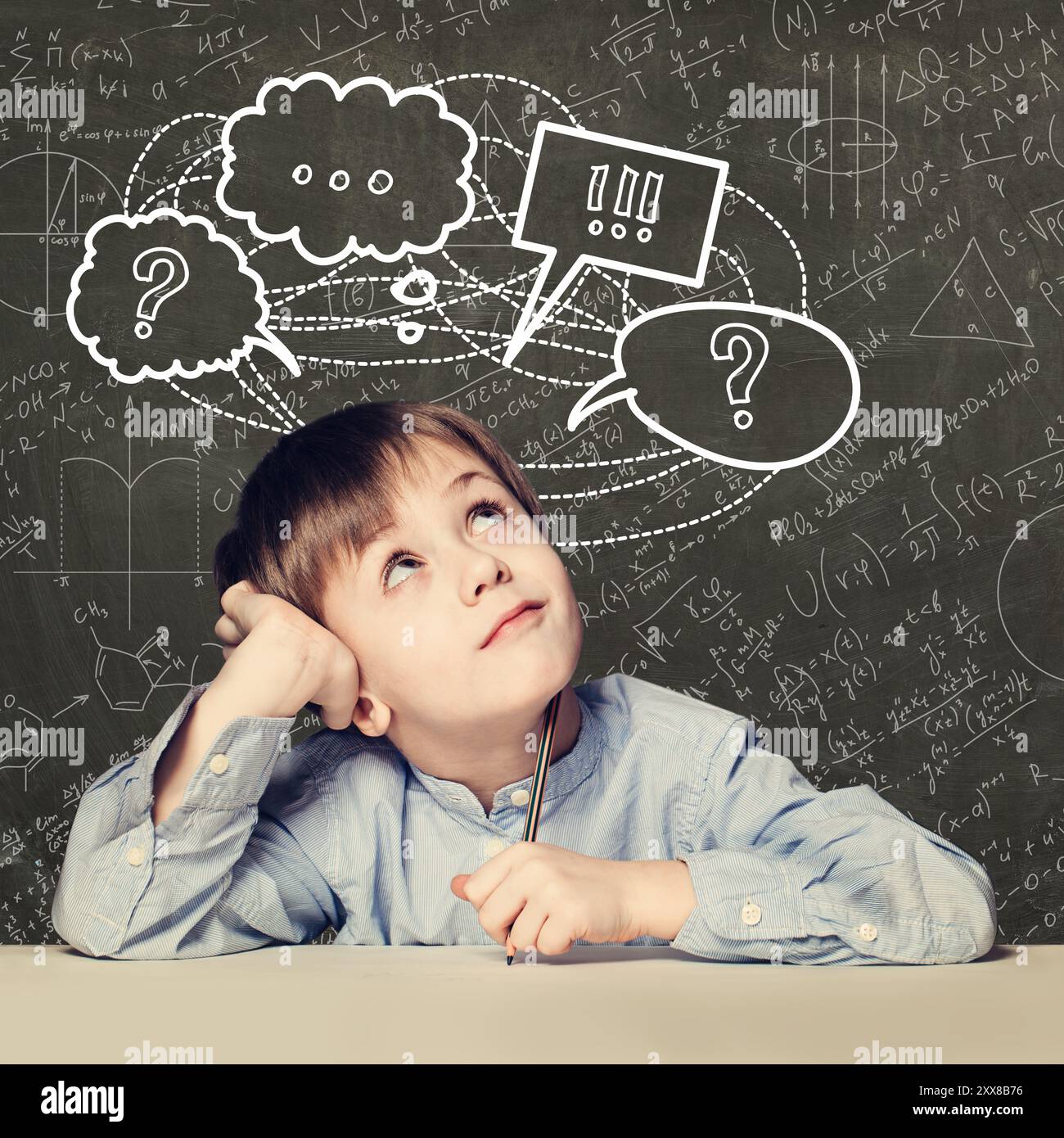 Adorable child boy and thought cloud bubble with question mark above ...