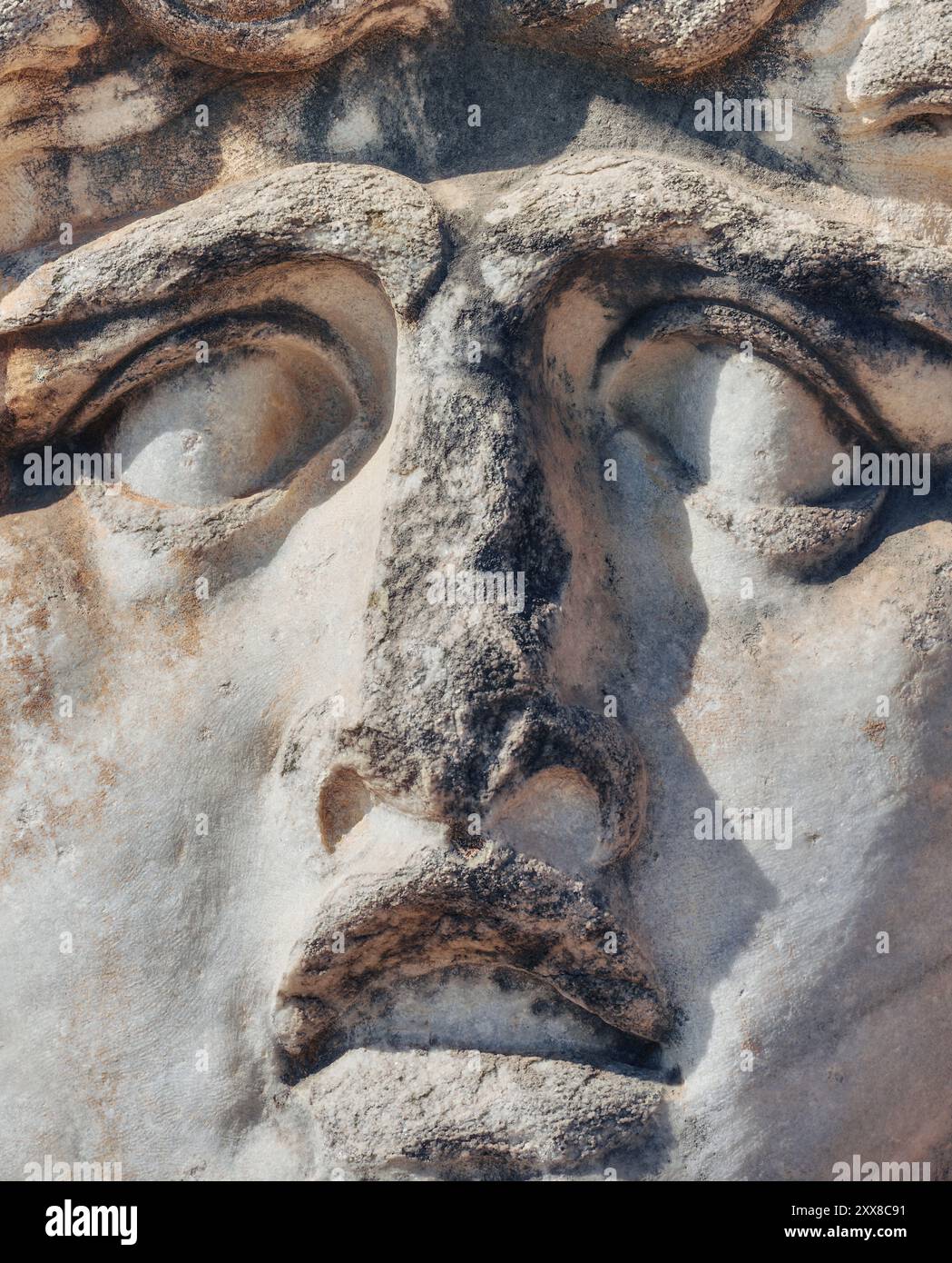 Historic, face sculpture and architecture as temple in Greece as ...