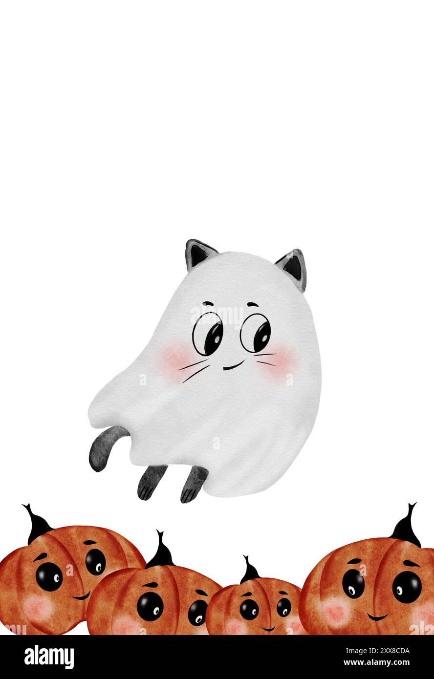Cute Halloween Card . Hand drawn kawaii ghost and cartoon pumpkins ...