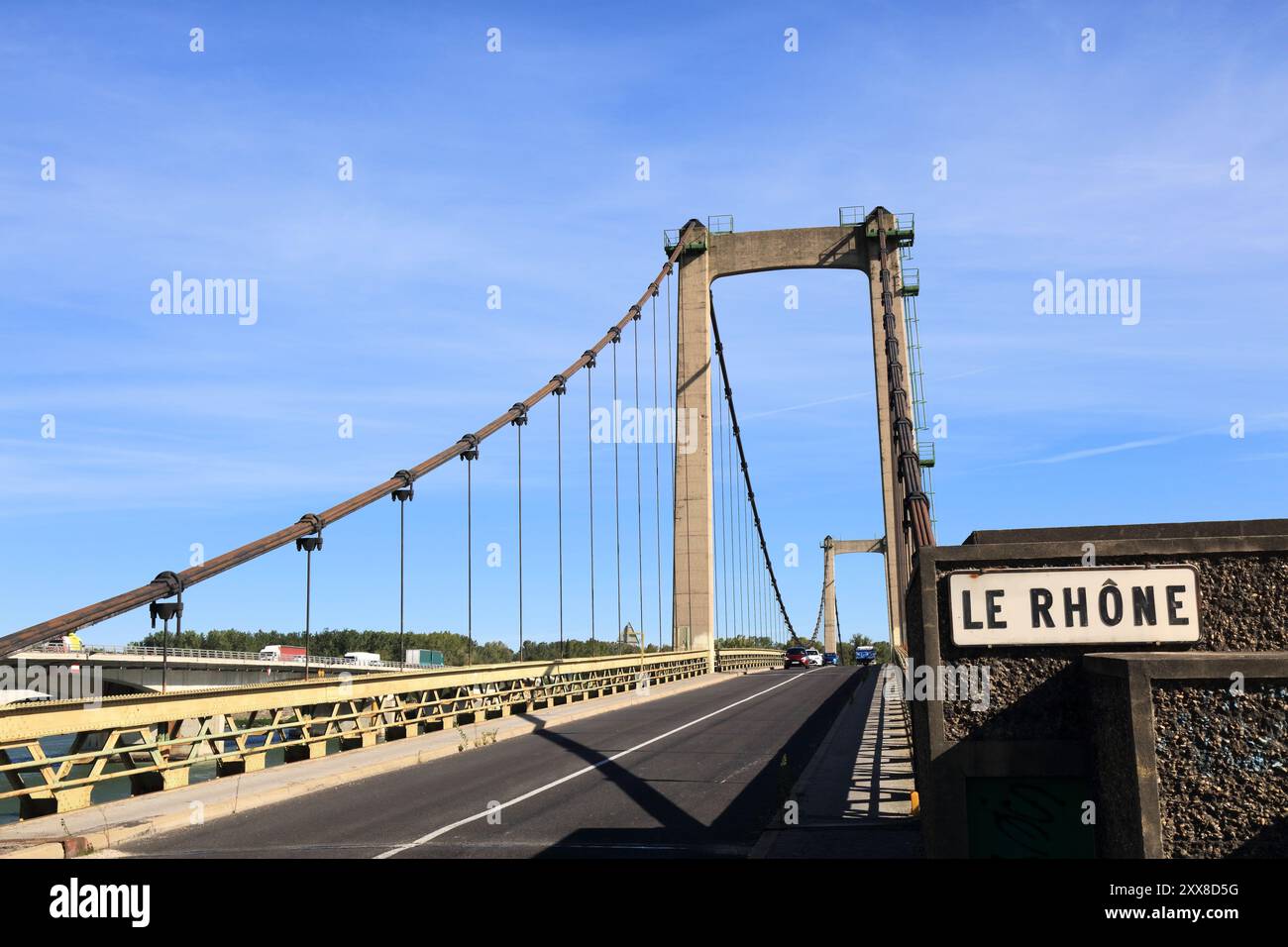 Rhone river bridge in France. Suspension bridge in Roquemaure Stock ...