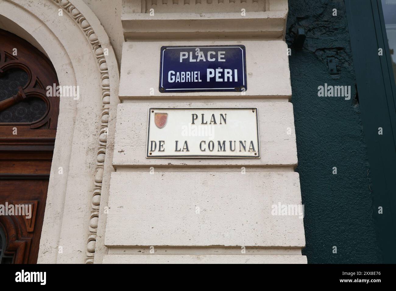 Beziers, France. Town square name sign - Place Gabriel Peri, bilingual ...