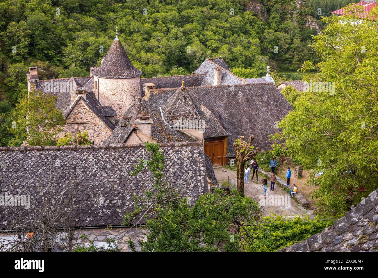 France, Aveyron, Conques, labeled Les Plus Beaux Villages de France, medieval houses with roofs ...