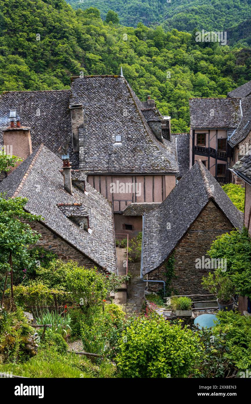 France, Aveyron, Conques, labeled Les Plus Beaux Villages de France, medieval houses with roofs ...