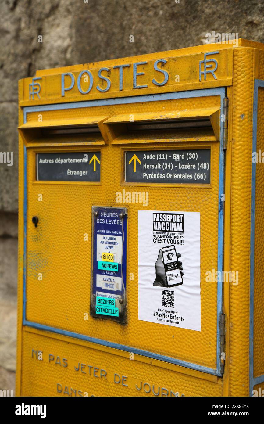 BEZIERS, FRANCE - OCTOBER 3, 2021: Public yellow mailbox of La Poste in ...