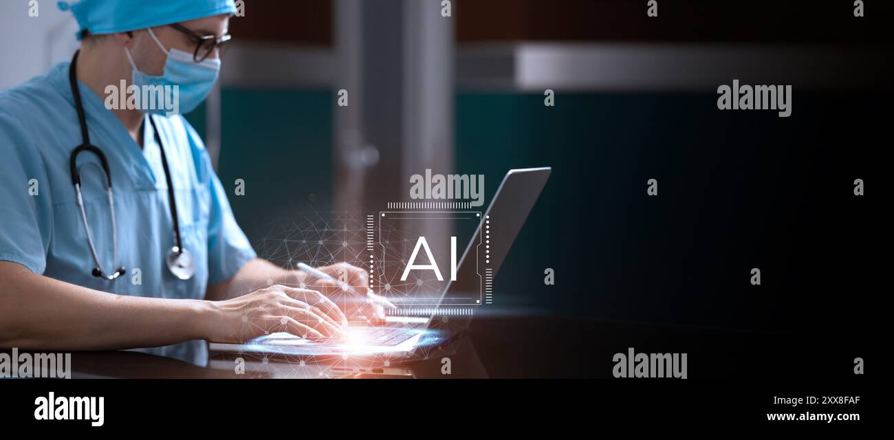 A doctor stands holding a tablet and taps it with a stylus. A hologram ...