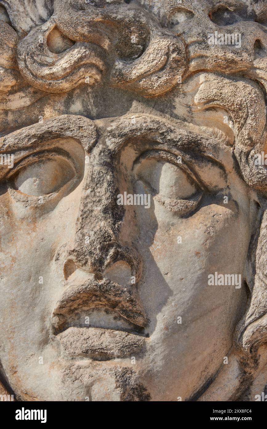 Apollo, face closeup and sculpture for history, trip or Turkey culture ...