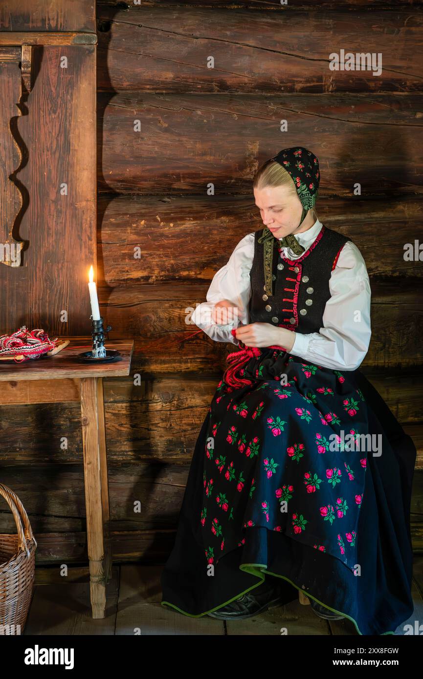 Norway, Oslo, Bygdoy, museum of Norwegian folklore, woman wearing ...