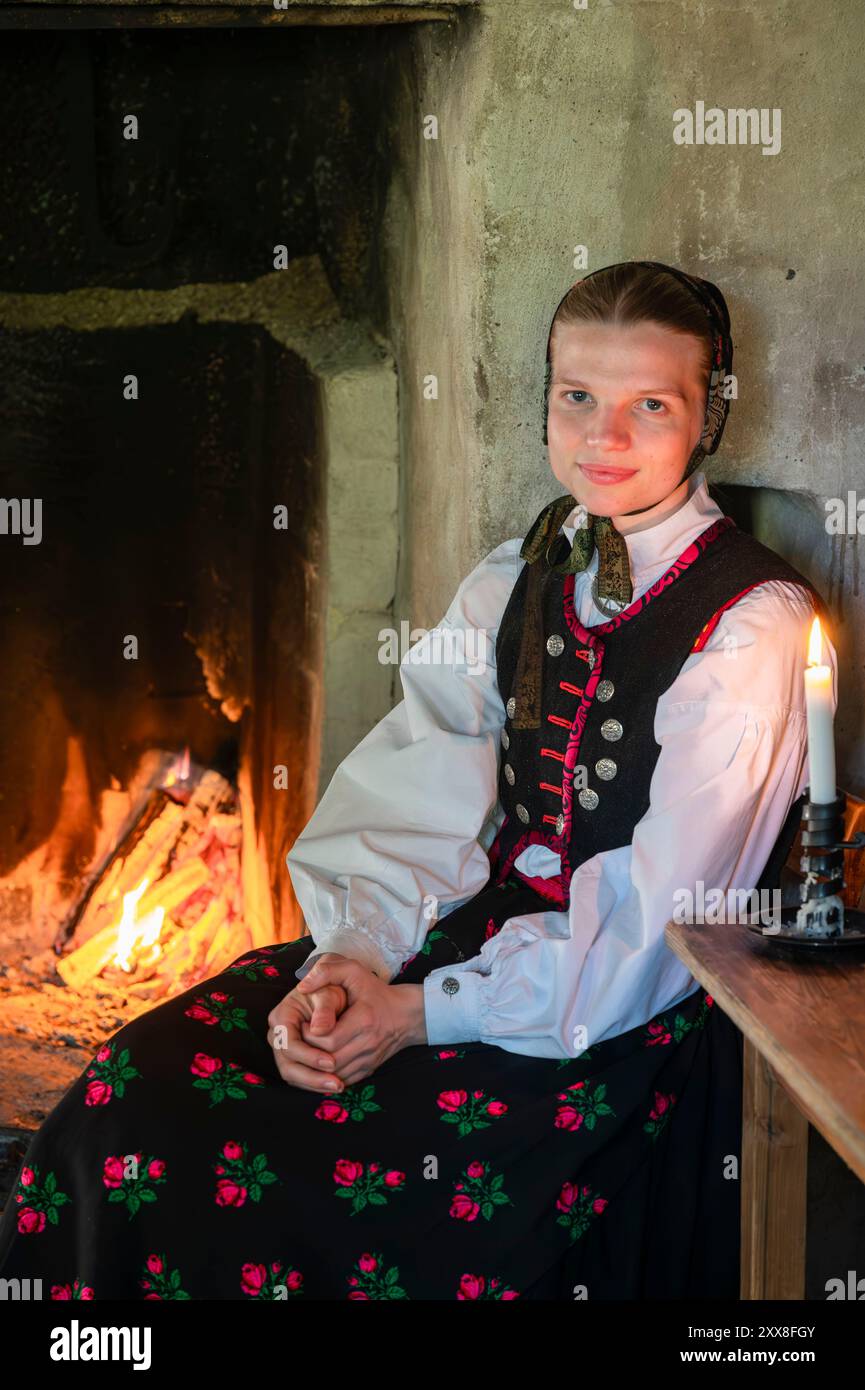Norway, Oslo, Bygdoy, museum of Norwegian folklore, woman wearing ...