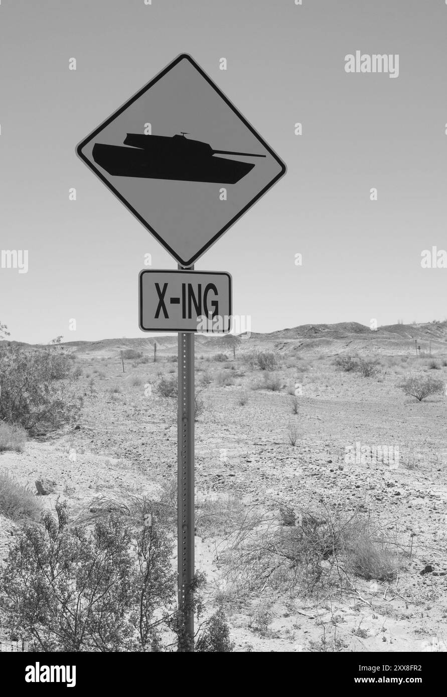 Tank crossing sign at Yuma Proving Ground, Arizona, USA, located in ...