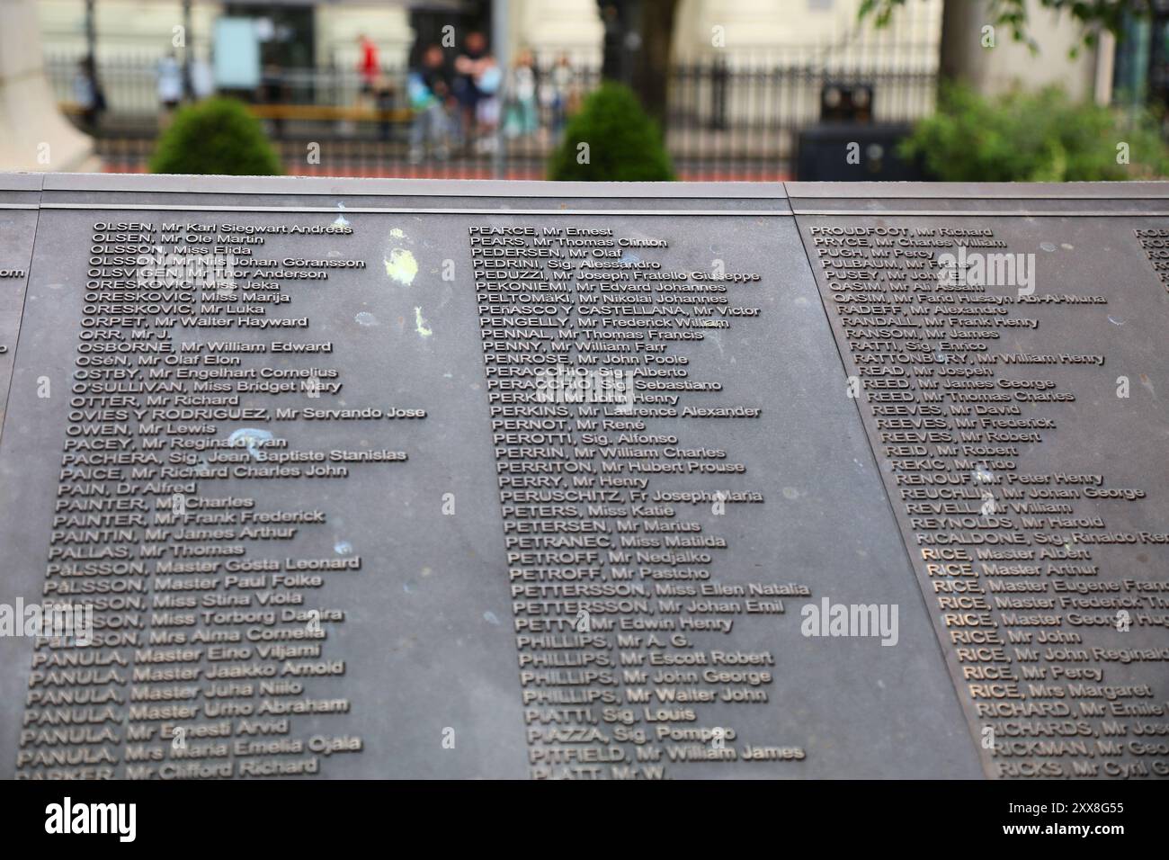 BELFAST, UK - JUNE 22, 2024: Titanic Memorial Garden with list of ...