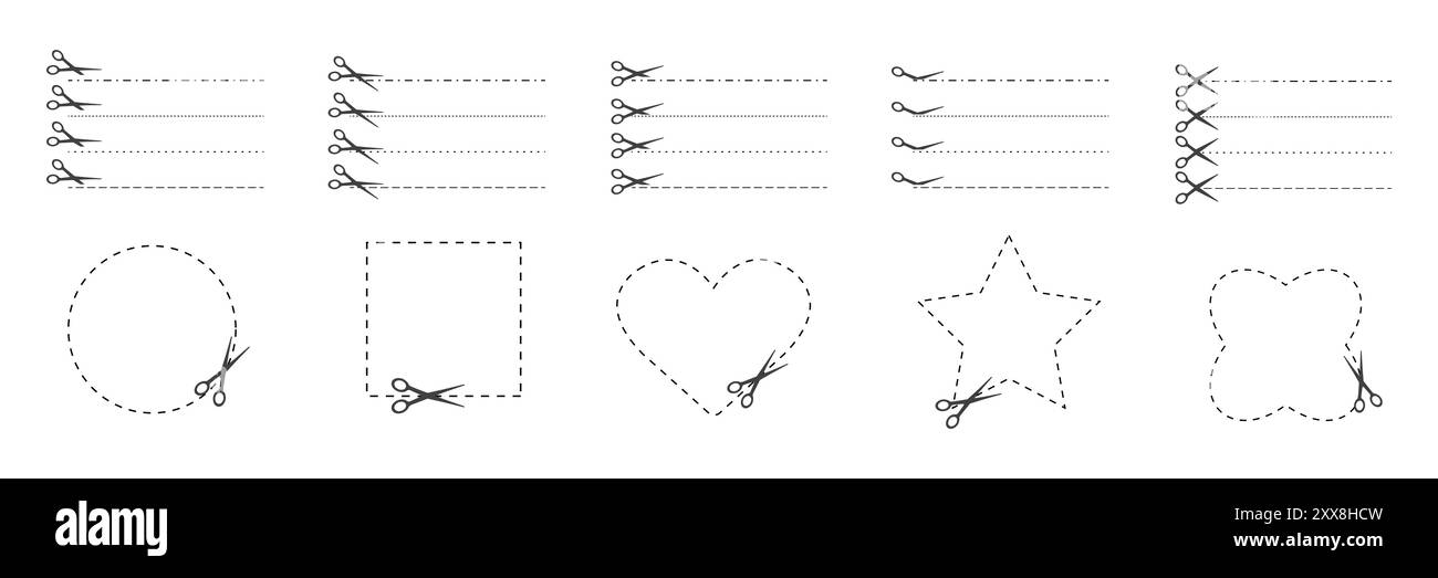 Cut here. Black scissors cutting. Set of cut dash lines and shapes ...